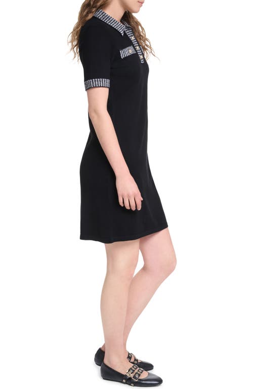 KARL LAGERFELD PARIS KARL LAGERFELD PARIS Short Sleeve Sweater Dress with Tweed Collar and Pockets